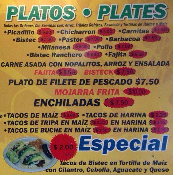 Menu at Matamoros Tacos restaurant, Austin