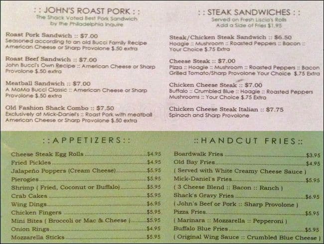 Menu at Mick Daniels pub & bar, Philadelphia