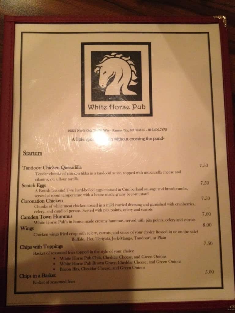 Menu at White Horse Pub, Kansas City