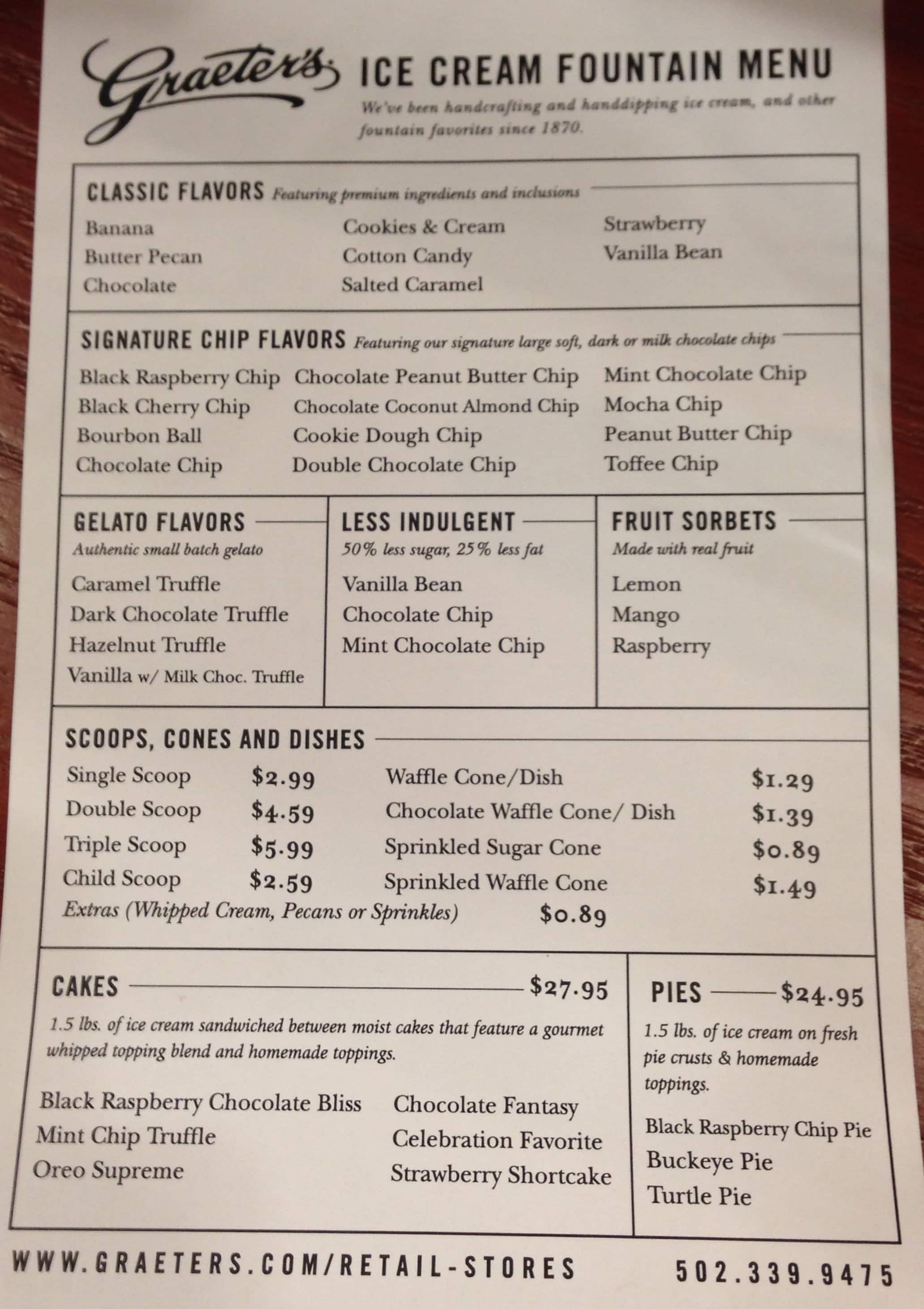 Menu At Graeters Ice Cream Desserts Indianapolis N Illinois St