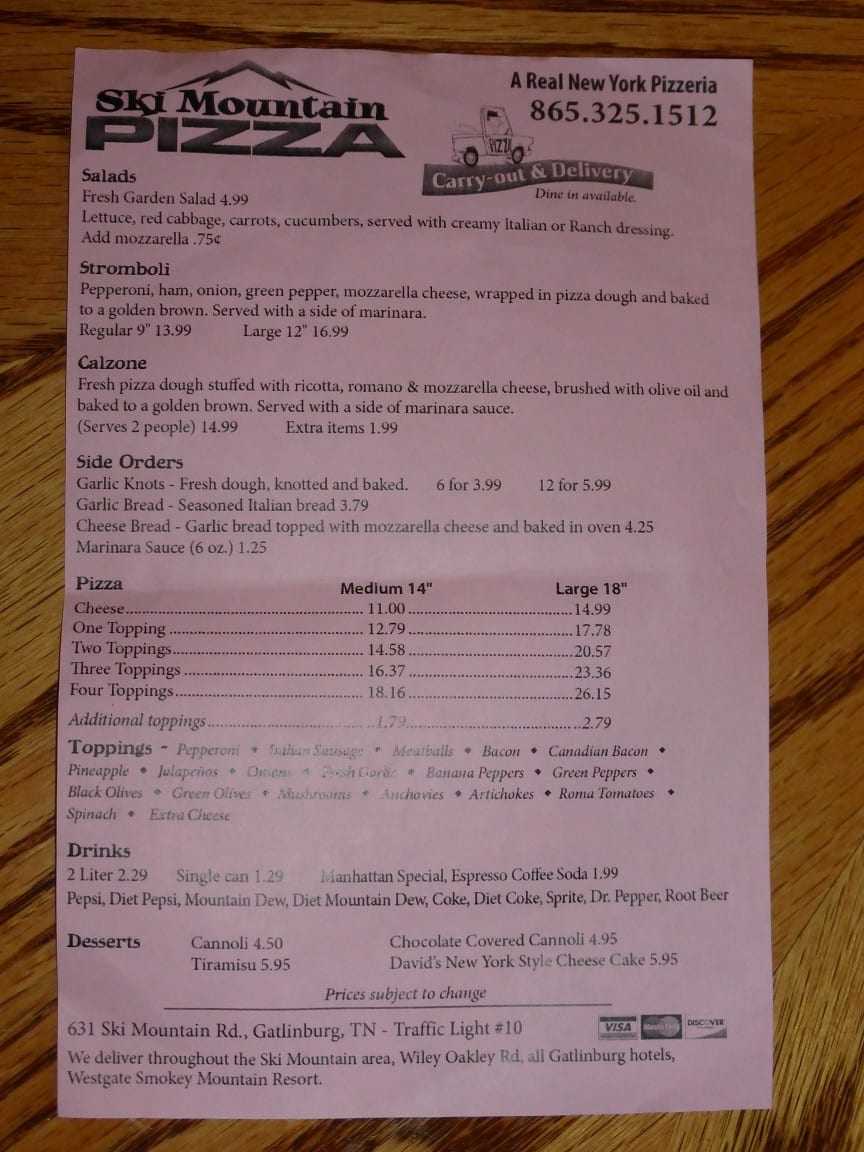 Menu at The All-New Ski Mountain Pizza pizzeria, Gatlinburg