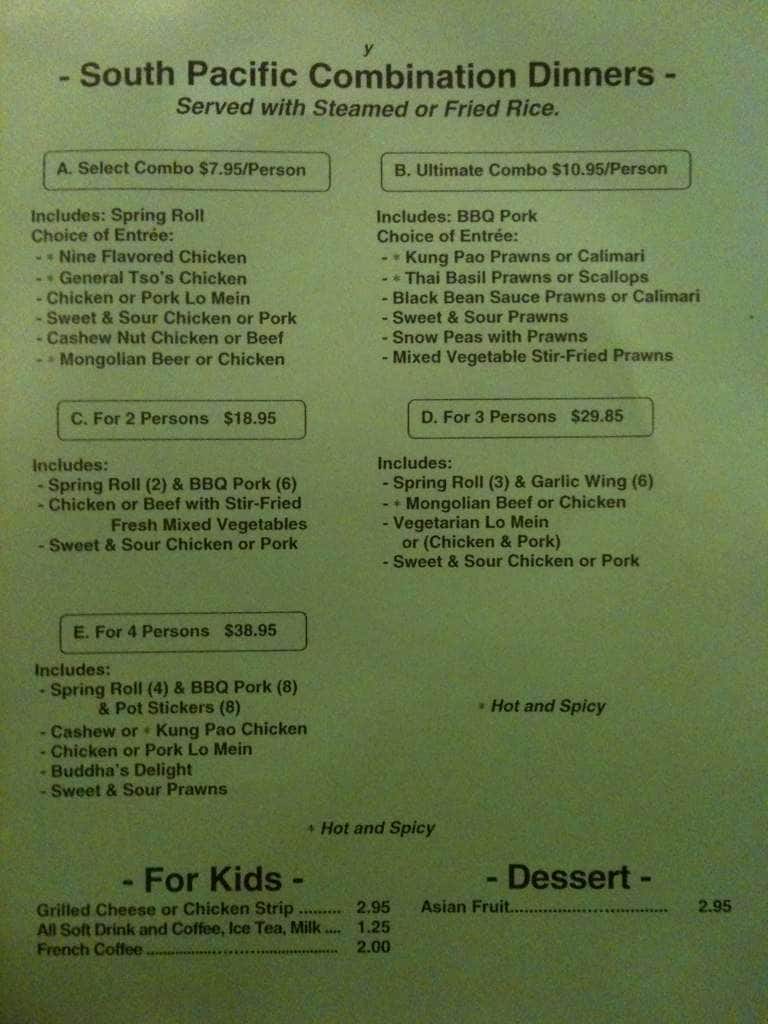 Menu at South Pacific Bistro restaurant, Chehalis