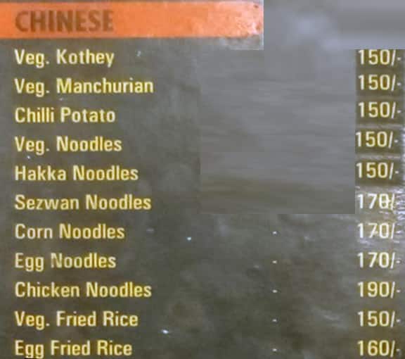 Menu at ZERO Degree, Bhopal