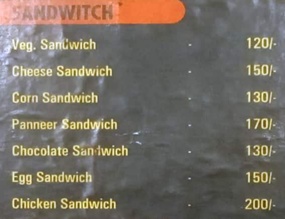 Menu at ZERO Degree, Bhopal