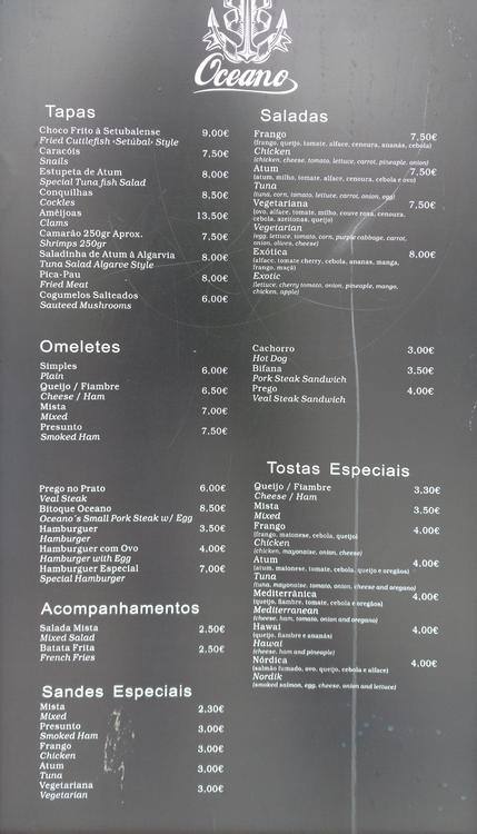 Menu at Oceano pub & bar, Monte Gordo