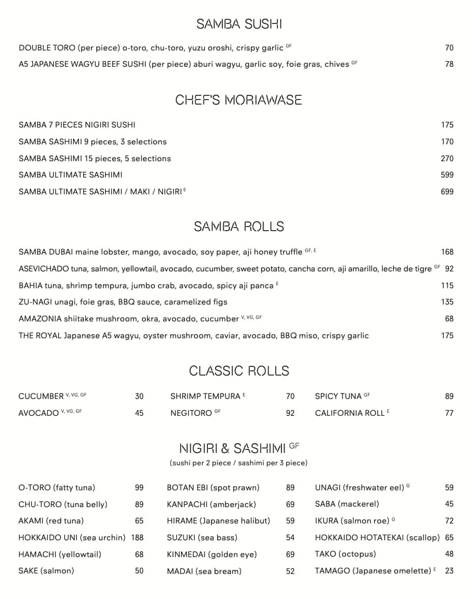 Menu of SushiSamba, Palm Jumeirah, Dubai