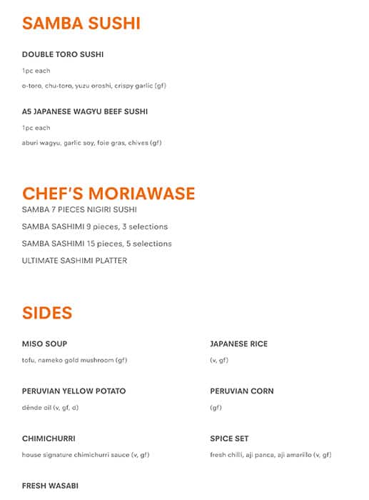 Menu at SUSHISAMBA Dubai restaurant, Dubai