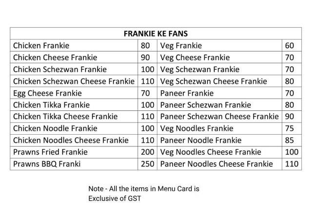 Menu of Frankie Ke Fans, Virar, Mumbai