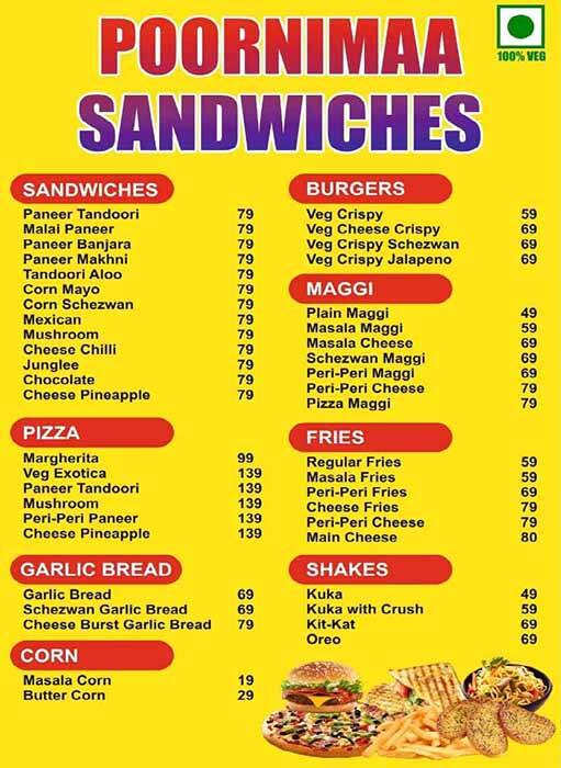 Menu of Poornimaa Sandwich, Viman Nagar, Pune