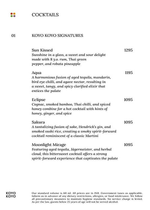 Menu of Koyo Koyo - Hyatt Centric, Sector 17, Chandigarh