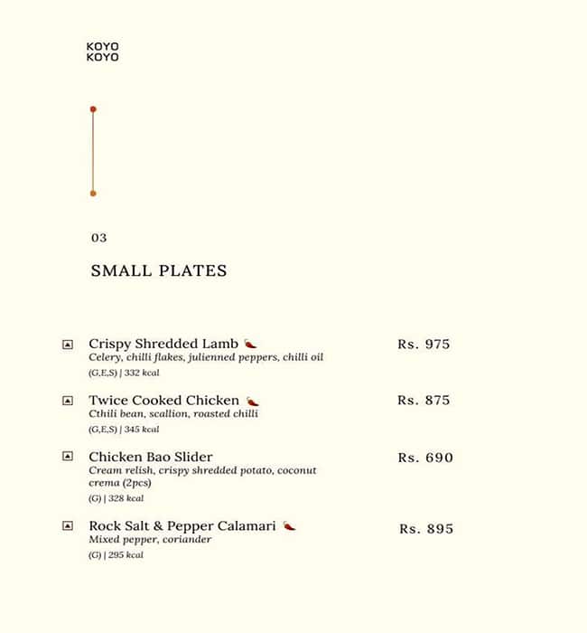 Menu of Koyo Koyo - Hyatt Centric, Sector 17, Chandigarh