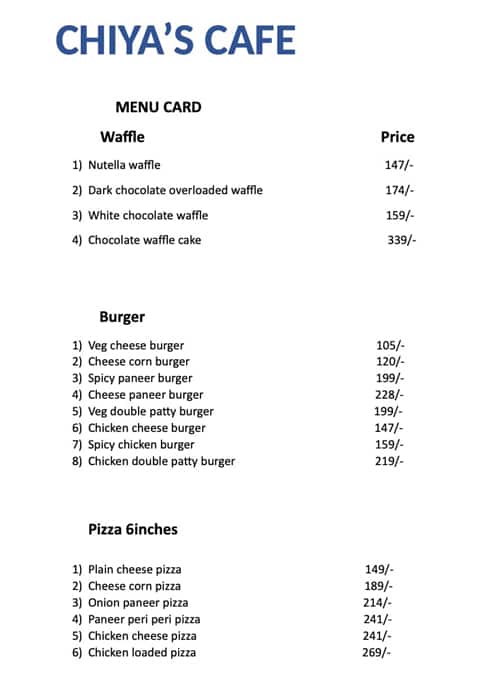 Menu of Chiya's Cafe, Kamothe, Navi Mumbai