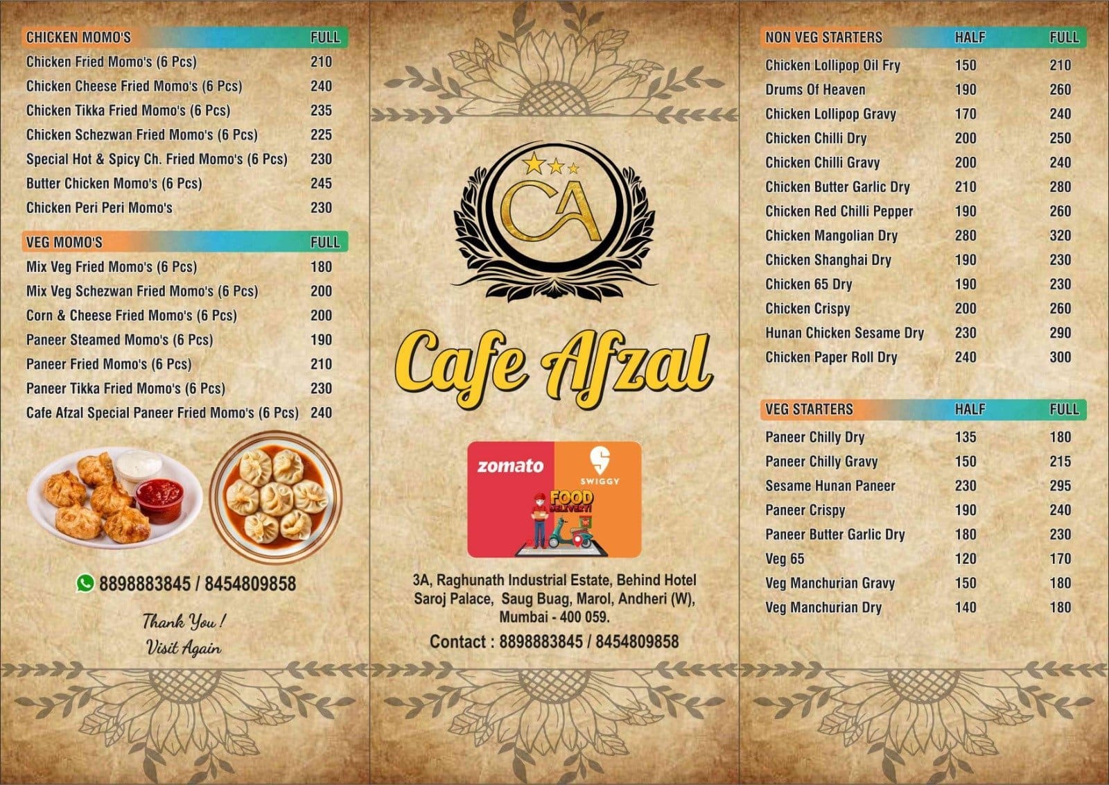 Menu of Cafe Afzal, Marol, Mumbai