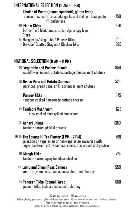Menu at The Lounge, Gurugram