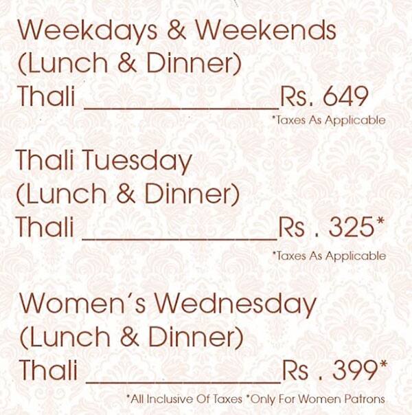 Menu of Rajdhani, Whitefield, Bangalore