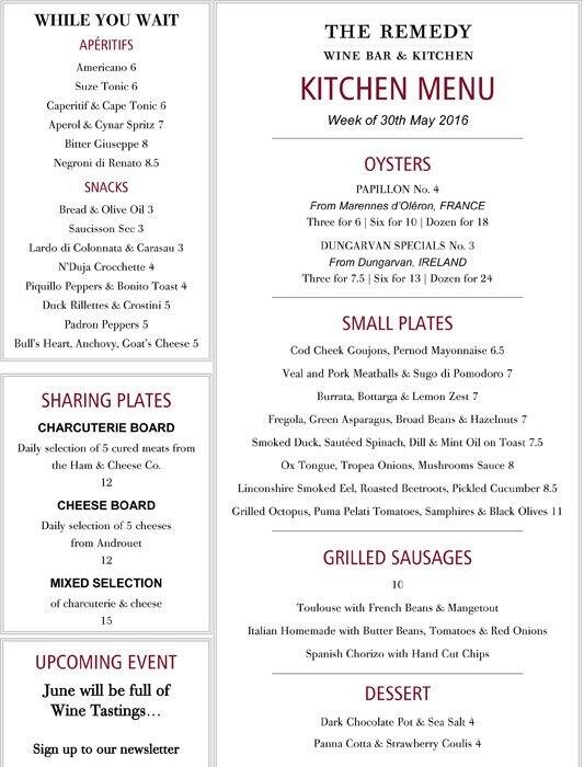 Menu at The Remedy Wine Bar Shop & Kitchen, London