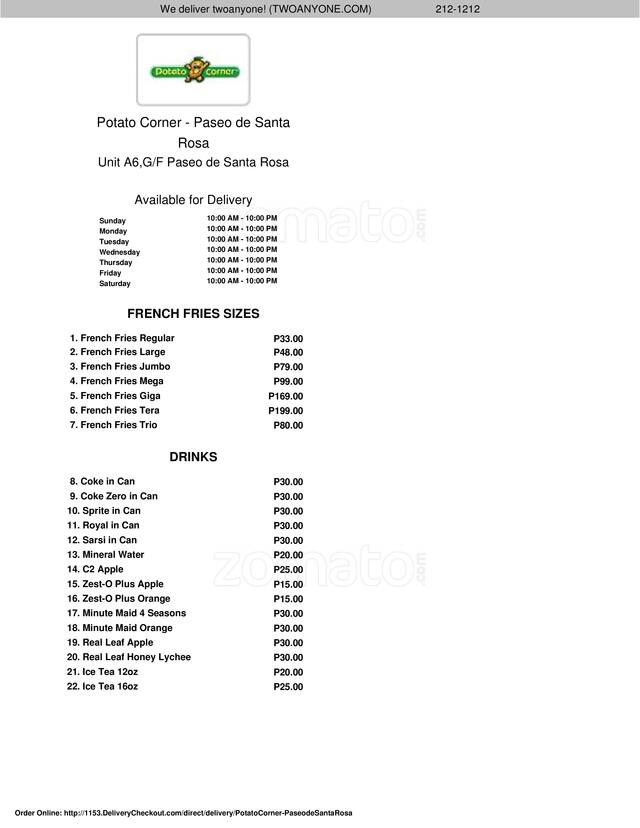 Menu at Potato Corner pub & bar, Bacoor, Gloria Diaz St. St. BF Resort ...