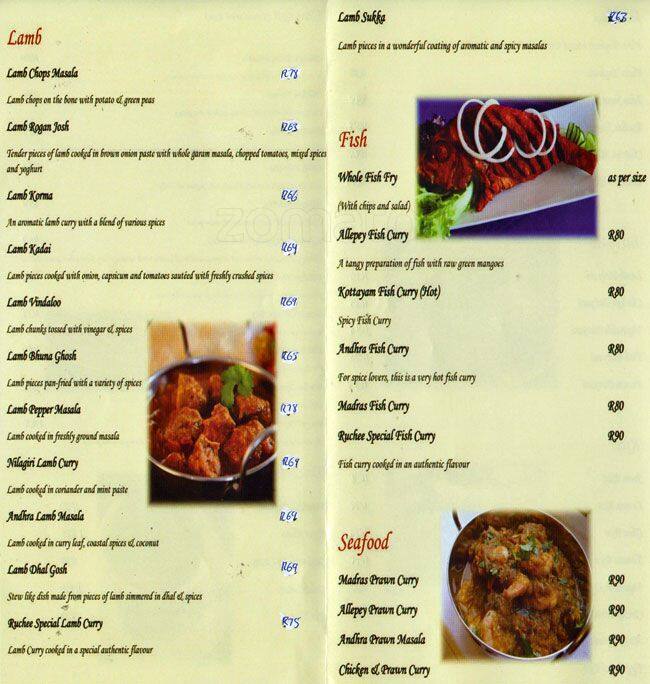 Menu at Ruchee restaurant, Johannesburg