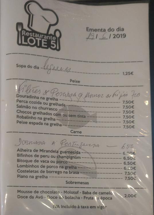 Menu at Lote 5 restaurant, Lisbon
