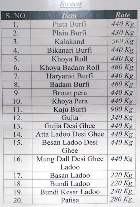 Menu of Alwar Sweets, Sushant Lok, Gurgaon
