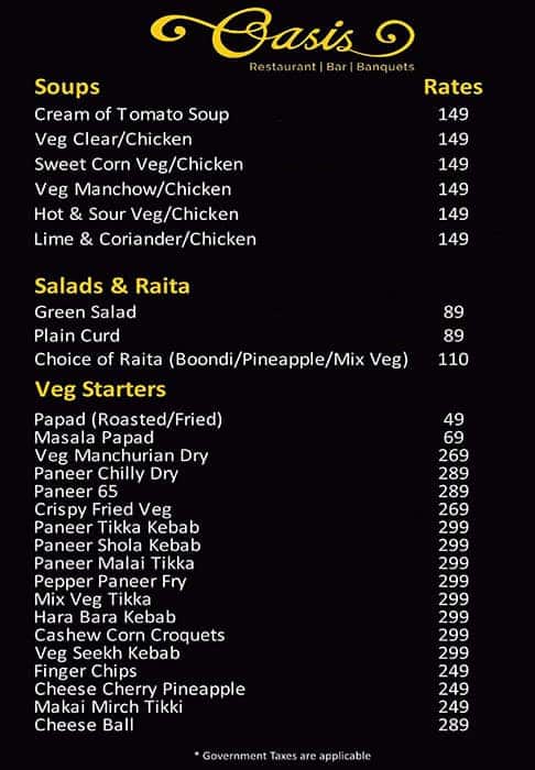 Menu of Oasis, Warje, Pune