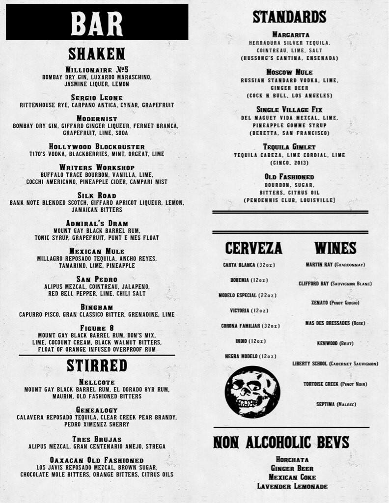 Menu at Cinco pub & bar, Los Angeles