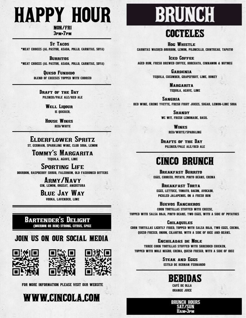 Menu at Cinco pub & bar, Los Angeles