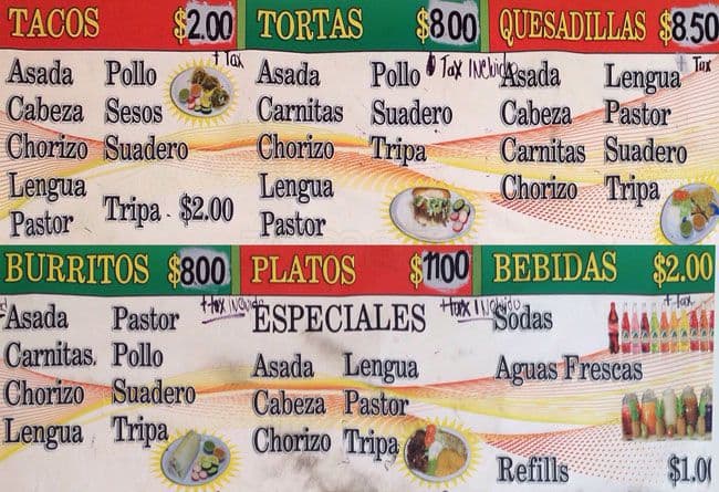 Menu at Taqueria El Paisa restaurant, Oakland, International Blvd