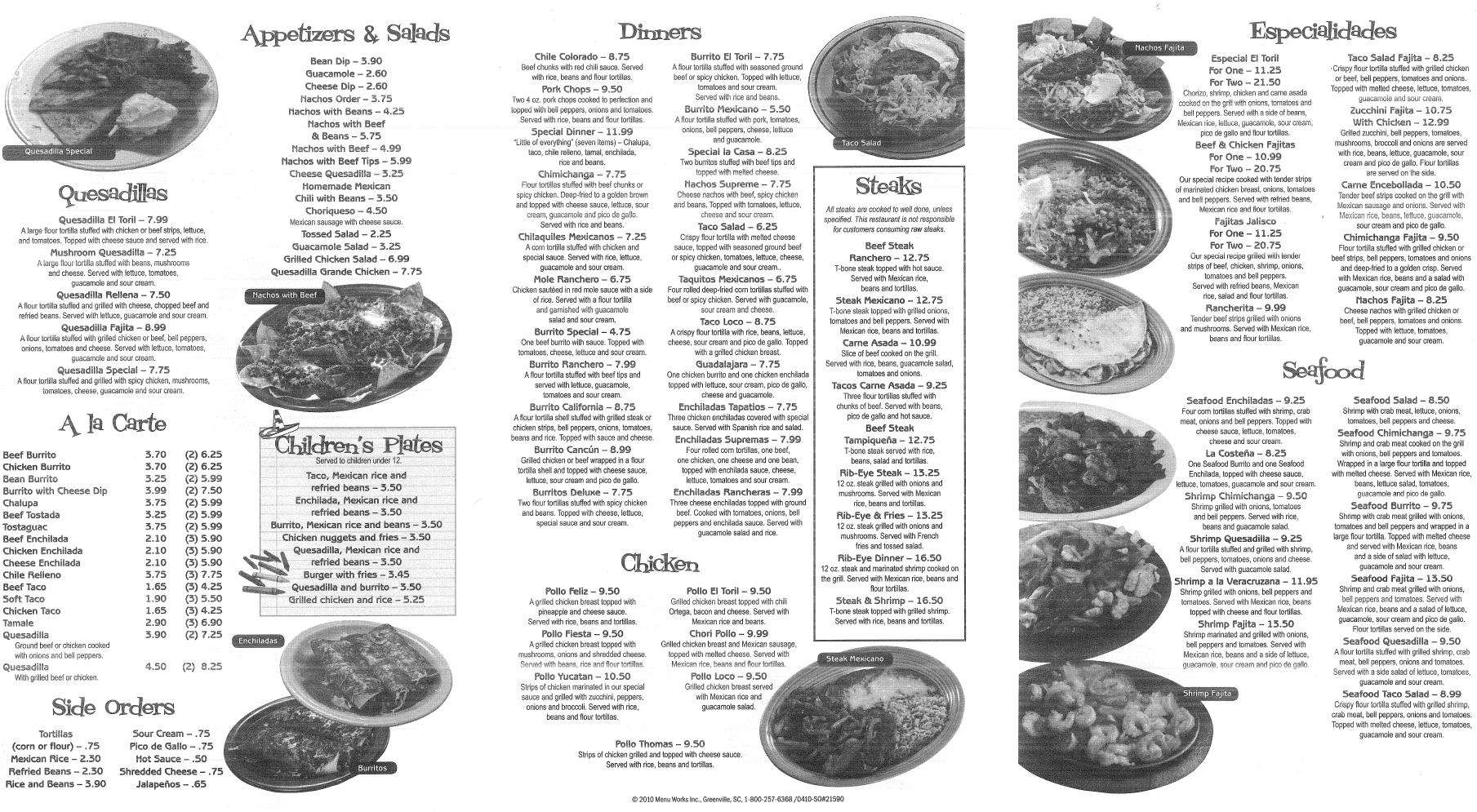 Menu at El Toril restaurant, Gallipolis, Eastern Ave