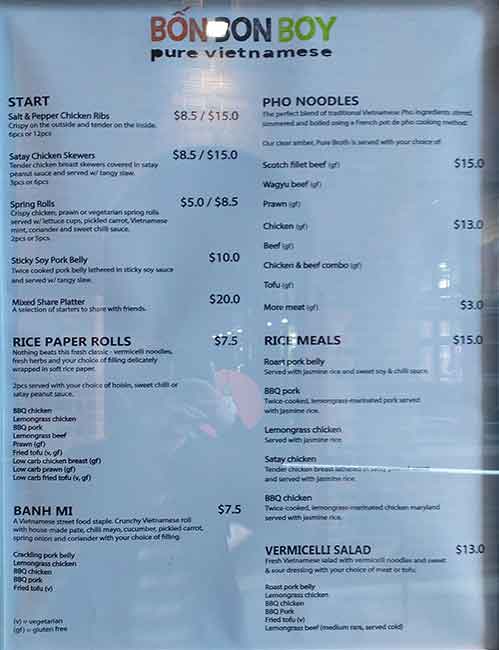 Carta del restaurante Bon Bon Boy, Melbourne