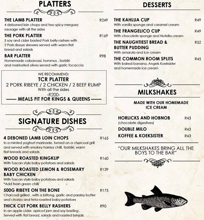 Menu at The Common Room pub & bar, Pretoria, Aramist Avenue