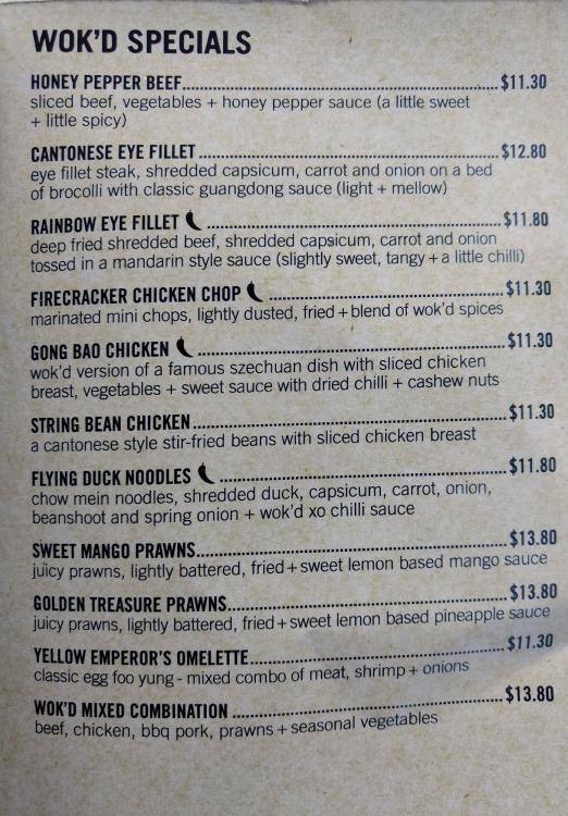 Menu at Wok'd restaurant, Pakenham