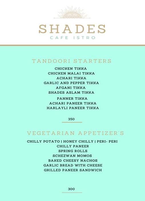 Menu at Shades cafe & istro, New Delhi