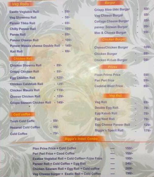 Menu of Biggie's Roll, Vijay Nagar, Indore