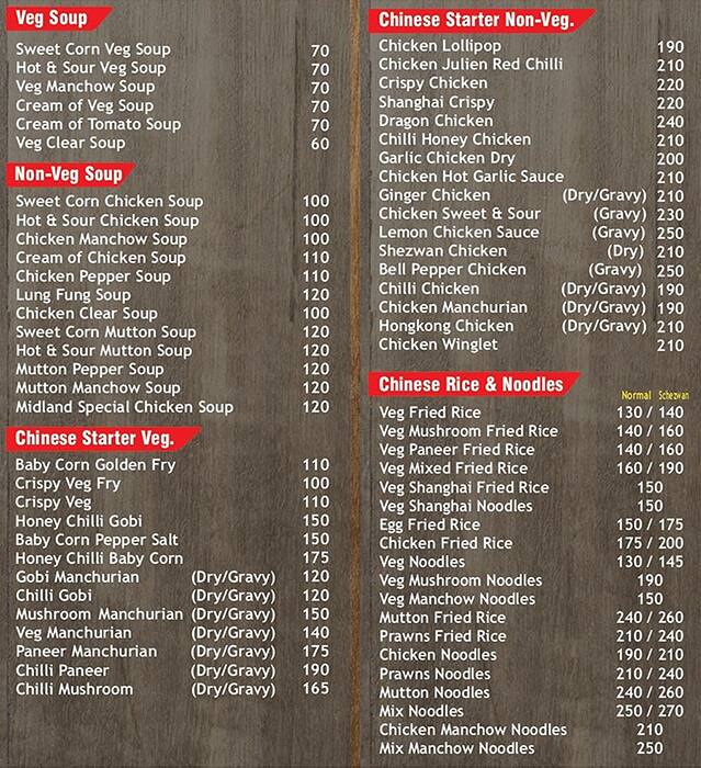 Menu of Midland Restaurant, Margao, Goa