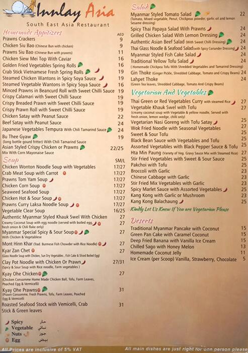 Menu of Innlay Asia, Jumeirah Lake Towers (JLT), Dubai