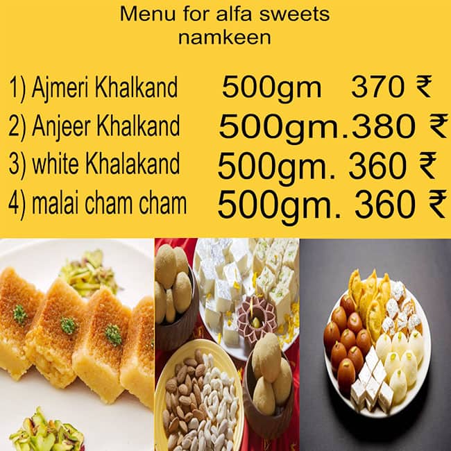 Menu of Alfa Sweets, Tolichowki, Hyderabad