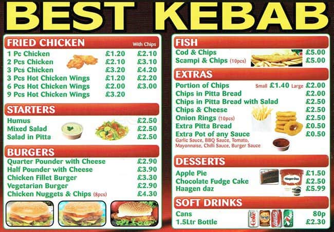 Menu at Best Kebab restaurant, London, 124 New Cross Rd