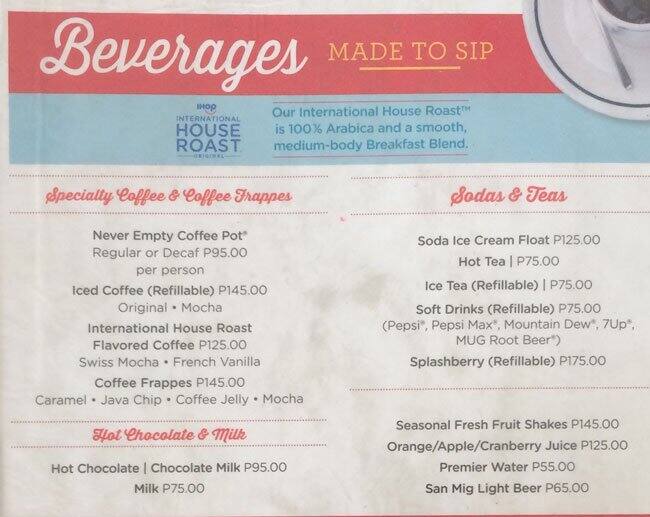 Menu at Ihop restaurant, Taguig, Fort Bonifacio W. Global Center