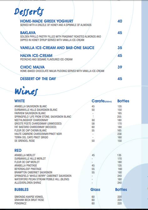 Menu at Mykonos Taverna restaurant, Cape Town, 343 Main Rd