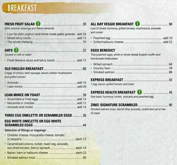 Menu at Café Zing! restaurant, Sandton, @ The Regent