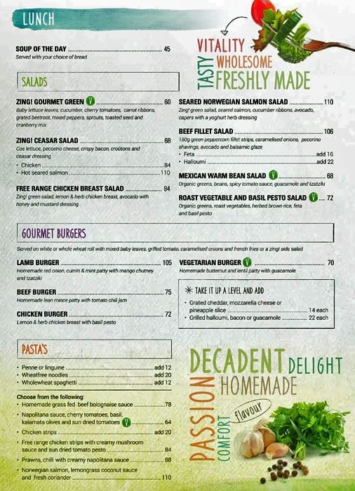 Menu at Café Zing! restaurant, Sandton, @ The Regent