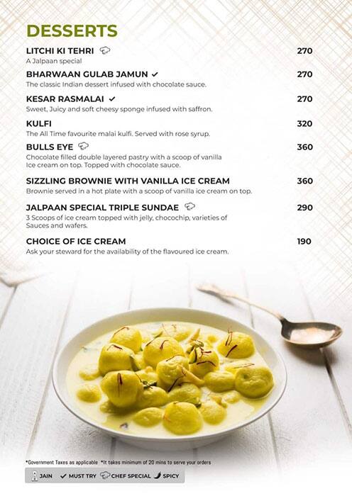 Menu at JALPAAN, Hyderabad, Oasis Centre. 6-3-1112