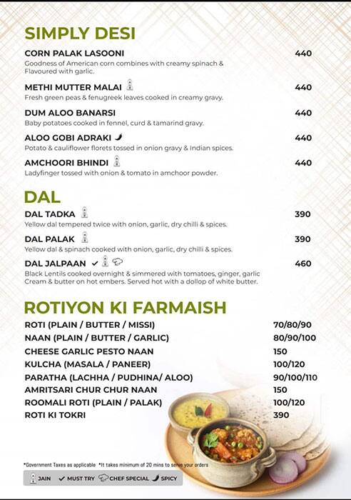 Menu at JALPAAN, Hyderabad, Oasis Centre. 6-3-1112