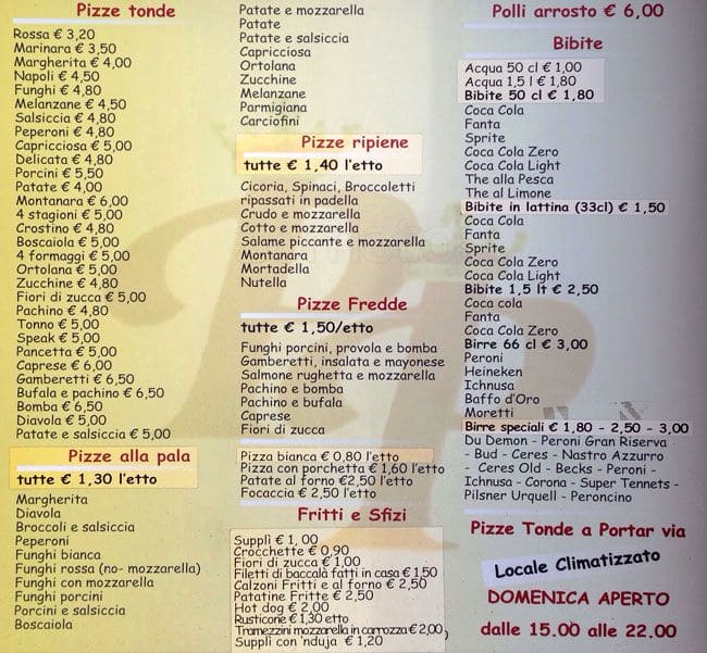 Menu da Pizza alla Pala pizzeria, Roma, Via della Stazione Ostiense