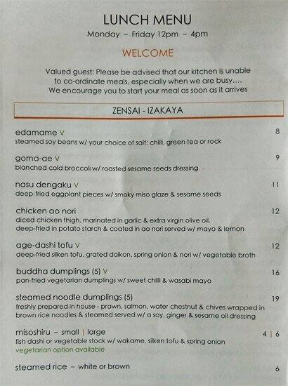 Menu at Chocolate Buddha restaurant, Melbourne, Federation Square