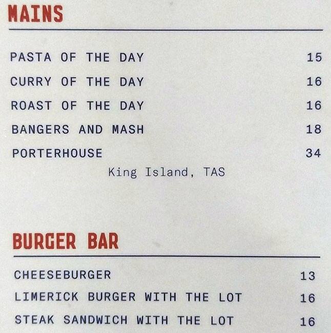 Menu at Limerick Castle Hotel pub & bar, Melbourne