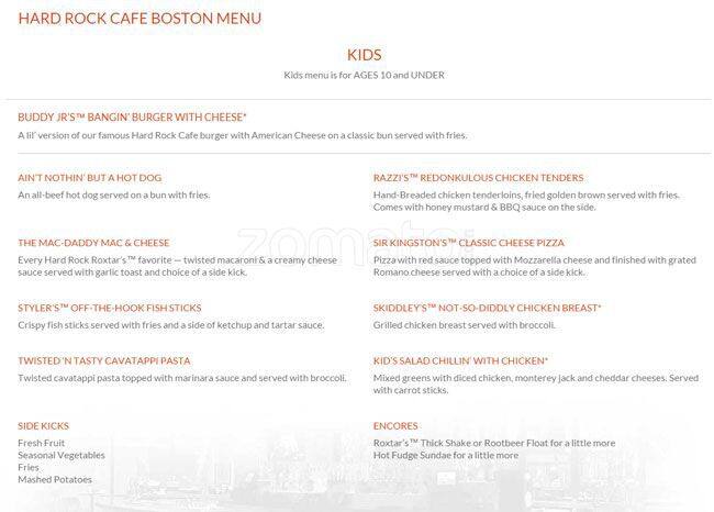 Menu at Hard Rock Cafe, Boston, 22-24 Clinton St