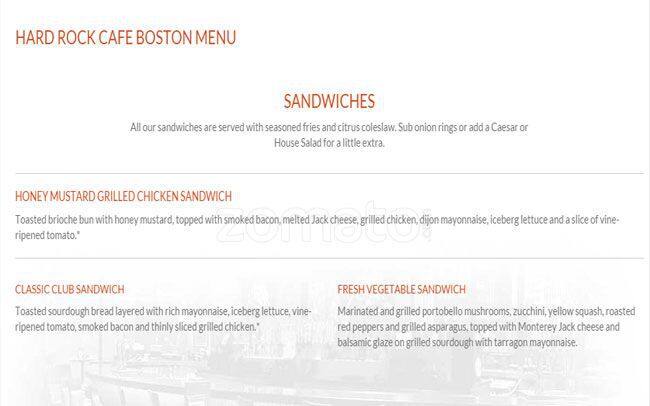 Menu at Hard Rock Cafe, Boston, 22-24 Clinton St