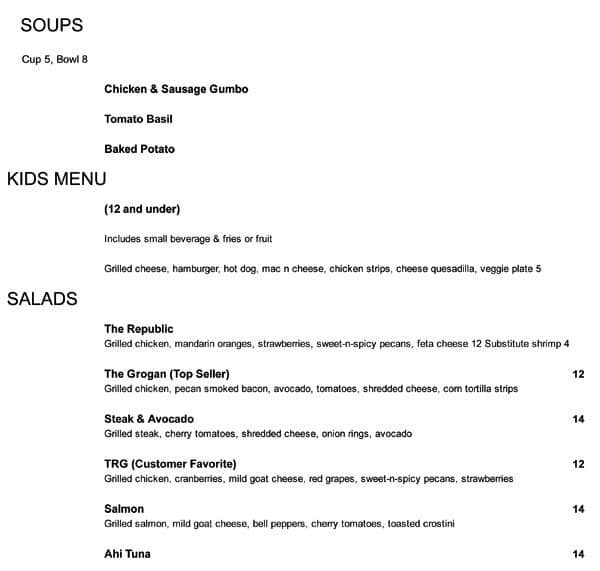 Menu at The Republic Grille - The Woodlands, The Woodlands, W Panther ...